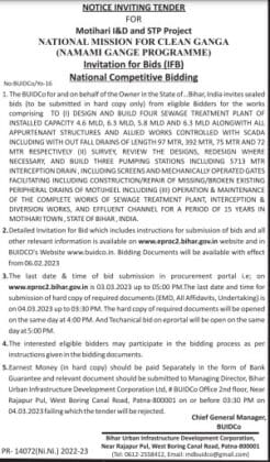 Tender: Design & building 4 STPs with 23MLD affluent in Motihari